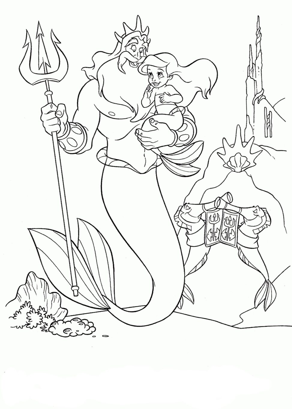 Kolorowanka syrenka mała syrenka jest trzymana w rumieniąc posejdona z ...